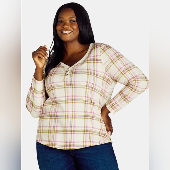 Terra & Sky | Tops | Terra And Sky Waffle Henley Purple Plaid Top Size ...